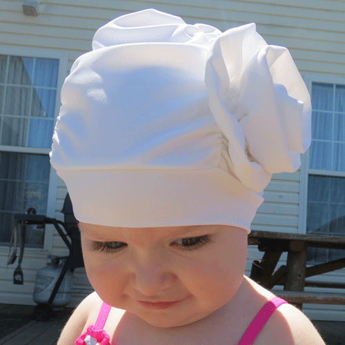 Fancy Ruched White Lycra Swim Cap with Flower