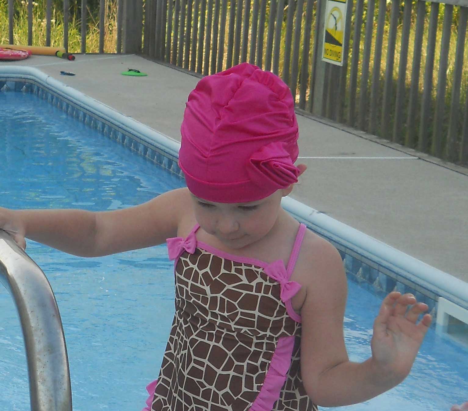 Fancy Ruched Hot Pink Flower lycra swim cap